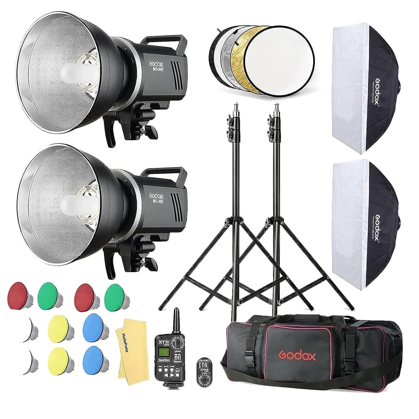 Godox MS300 2Pcs 600W Professional Photography Lighting Kit Compact Studio Flash Strobe Light,2.4G Bowens Mount with 150W Modeling Lamp,5600±200K CCT,0.1-1.8S Recycle Time,w/XT-16,Softbox,Light Stand