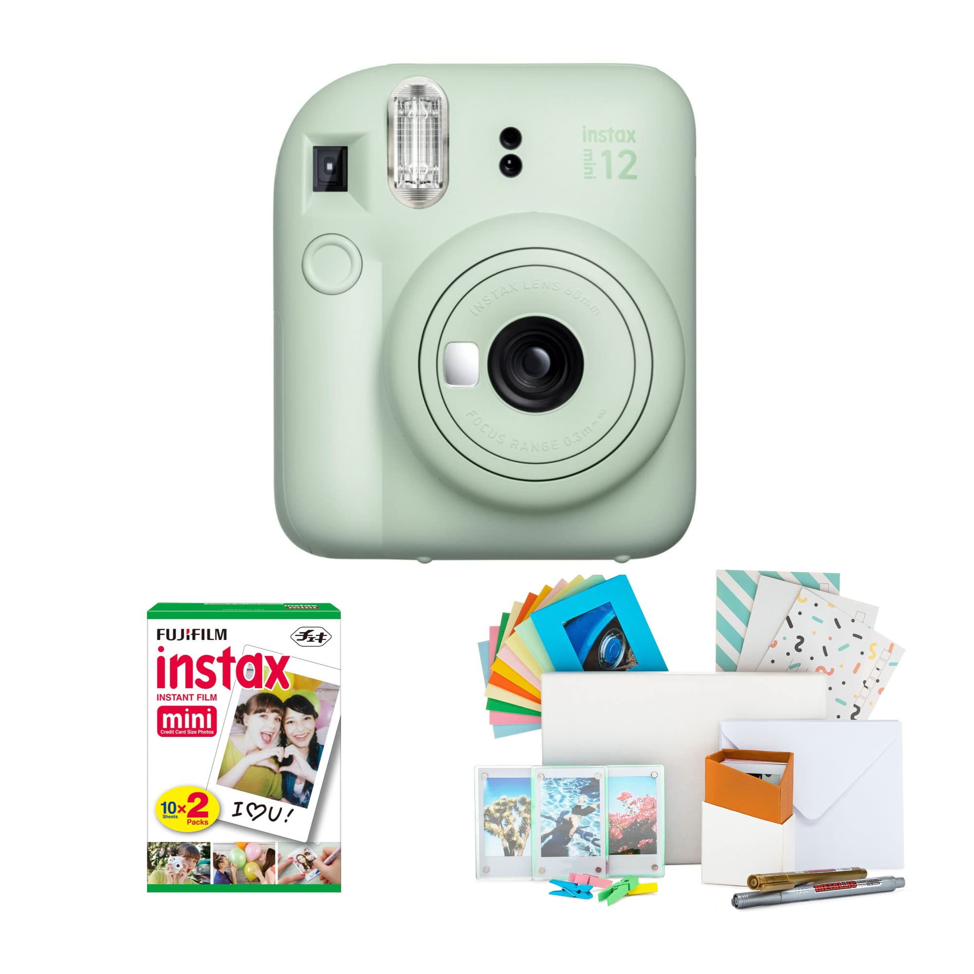 Fujifilm Instax Mini 12 with 60mm Instax Mini Lens, Lightweight and Compact (Mint Green) Bundle with Instax Film Kit and 20 Exposure (3 Items)