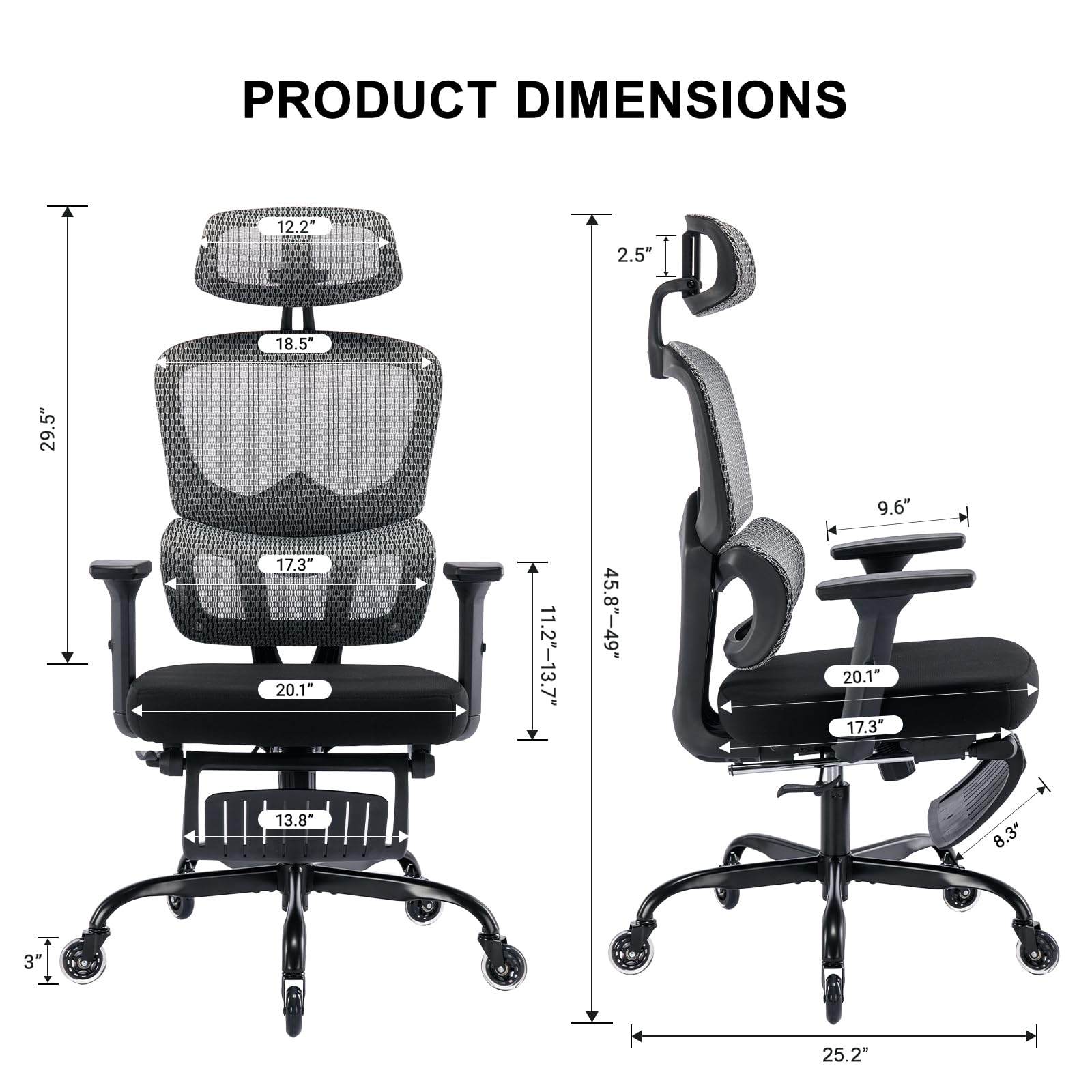 DOXACEF Ergonomic Office Chair with Footrest Lumbar Support High Back Desk Chair with Adjustable 3D Metal Armrest Breathable Mesh Computer Chair for Adults (Black&Grey)