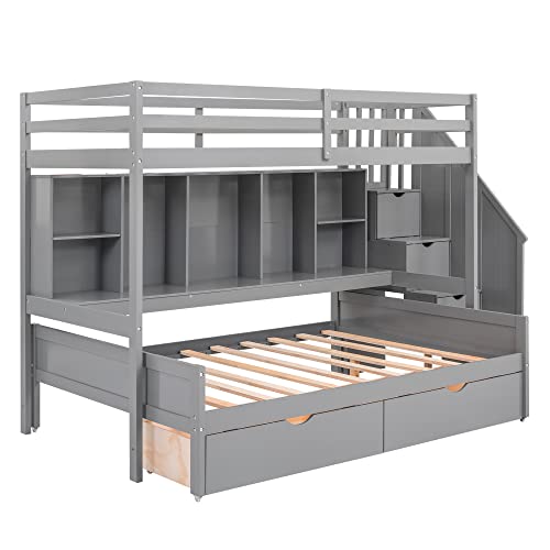 DEYOBED Twin over Full Bunk Bed Wooden Kids Bunk Bed Frame with Storage Shelves Drawers and Staircase for Kids Teens Adults
