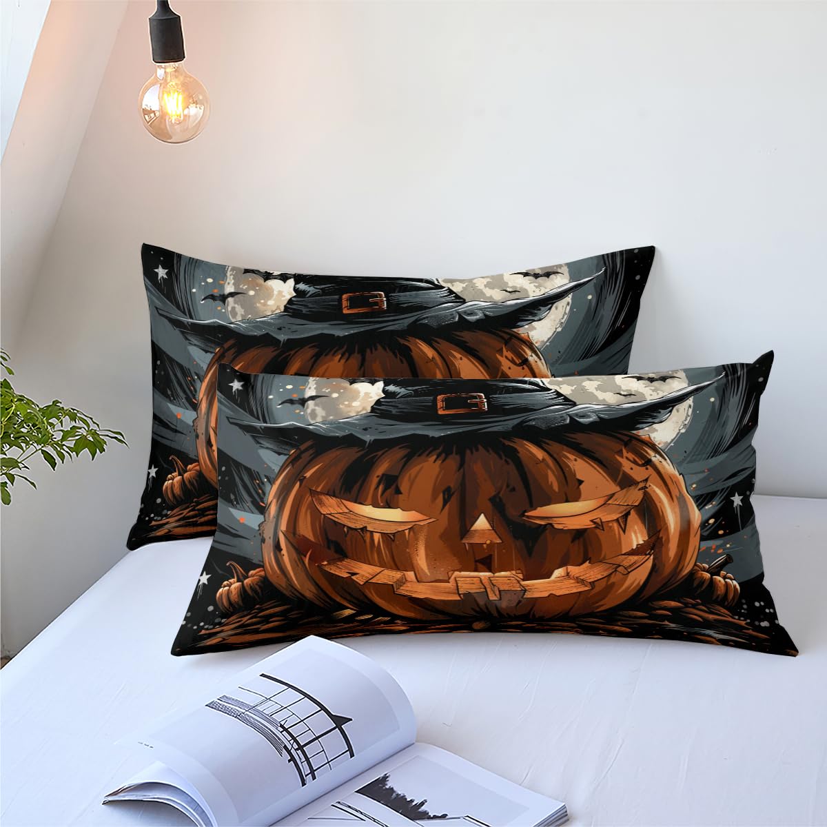 Menkala Halloween Chic Full Bedding Set Jack-O'-Lantern Duvet Pumpkin Lantern Comforter All Season Black Bats Animal Breathable Bedding Breathable Twinkling White Spider Silk Bat Bed Set Kid