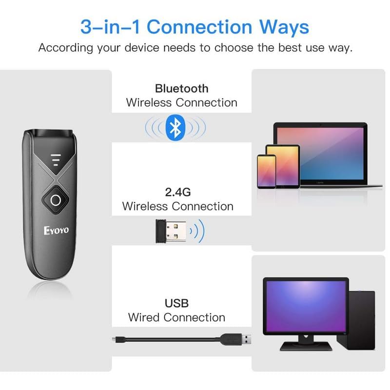 Eyoyo Mini Portable 1D Bluetooth Barcode Scanner, 3-in-1 2.4G Wireless & Bluetooth & USB Wired Barcode Reader ISBN Code 128 Bar Code Scanning Work with Windows, Android, iOS, Tablets or Computers