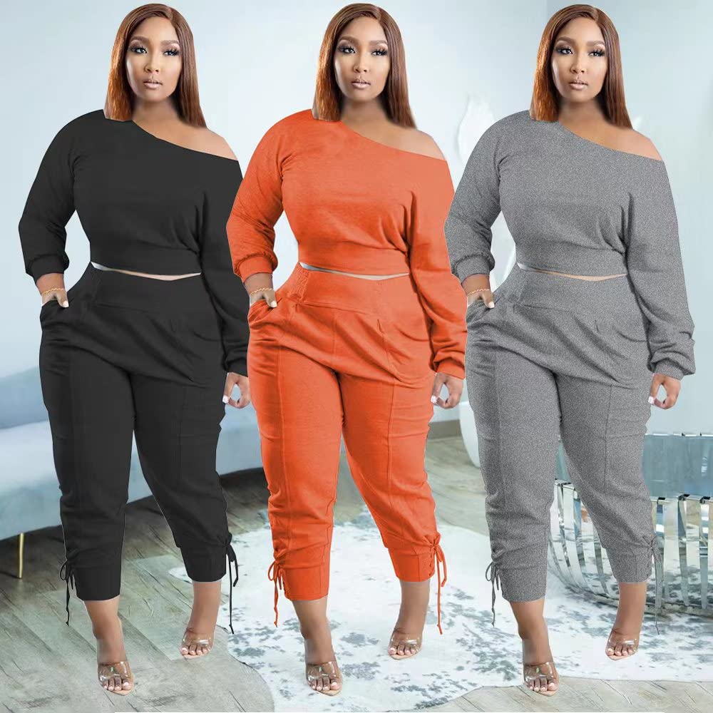 Fall Outfits for Women 2 Piece Sets Sweatsuits Track Suits Two Piece Off One Shoulder Long Sleeve Crop Top Pants Jogger Sets Black 2XL