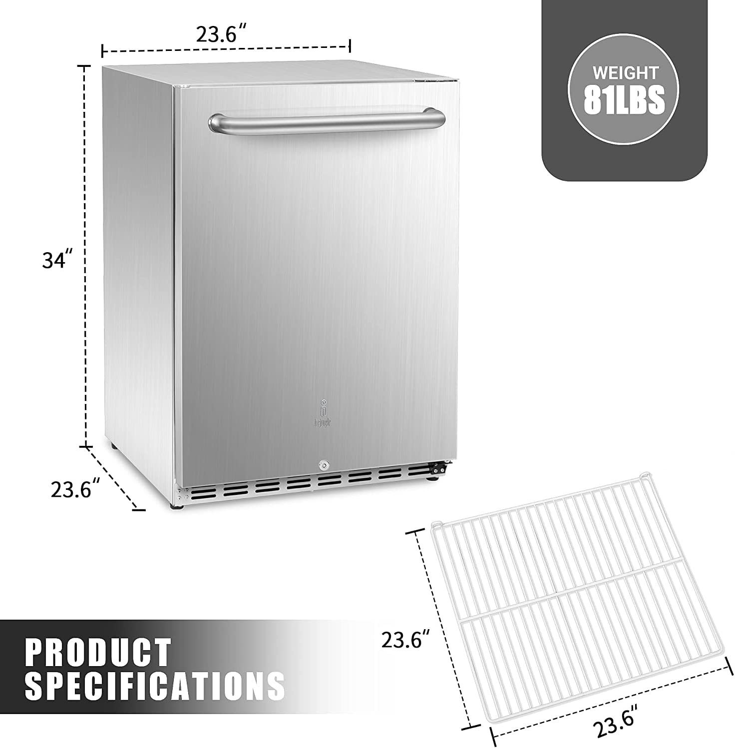 ICEJUNGLE Refrigerator, Single Door, Silver Outdoor Refrigerator 24'' Built-in/Freestanding Compressor Beverage Fridge Refrigerator for Home and Commercial Use