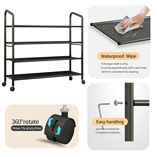 LEAIJIAFY Metal Shoe Rack Black with Wheels,4 Tier Sturdy Fabric Shelf Shoe Racks for Closet Entryway Garage, Rolling Small Shoe Rack Closet Organizer for Small Space,Wide Shoe Rack Stand,20 Pairs
