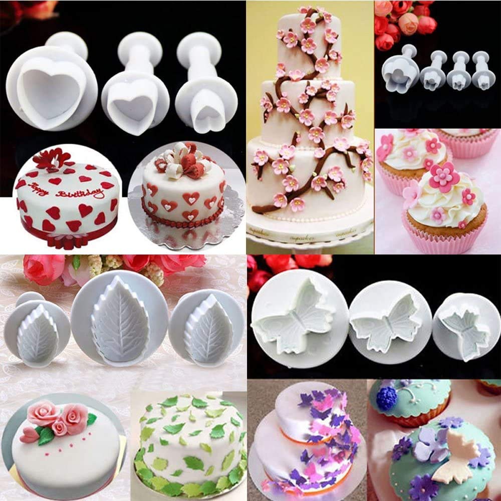 INSPEE Fondant Tools 33 Pieces Plunger Sugarcraft Cake Cookie Cutters Sunflower Leaf Butterfly Heart Gerbera Shapes Decorating Mold DIY Tools