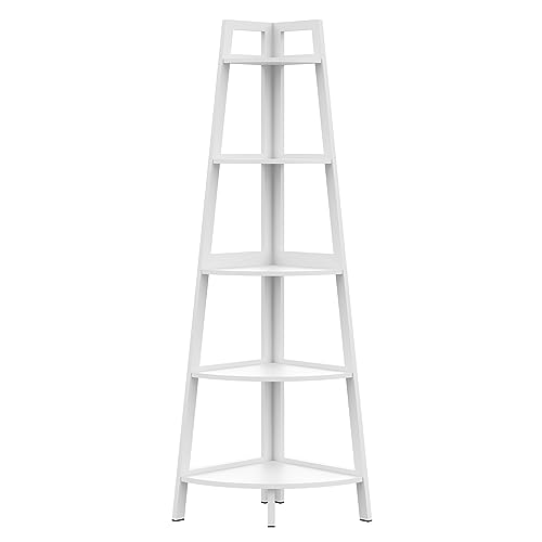 WTZ Corner Shelf, 5 Tier Bookshelf, 70.8 Inch Tall Bookcase, Open Ladder Book Case, Modern Bamboo Corner Storage Bookshelf Stand in Living Room, Bedroom, Office, Kitchen, White