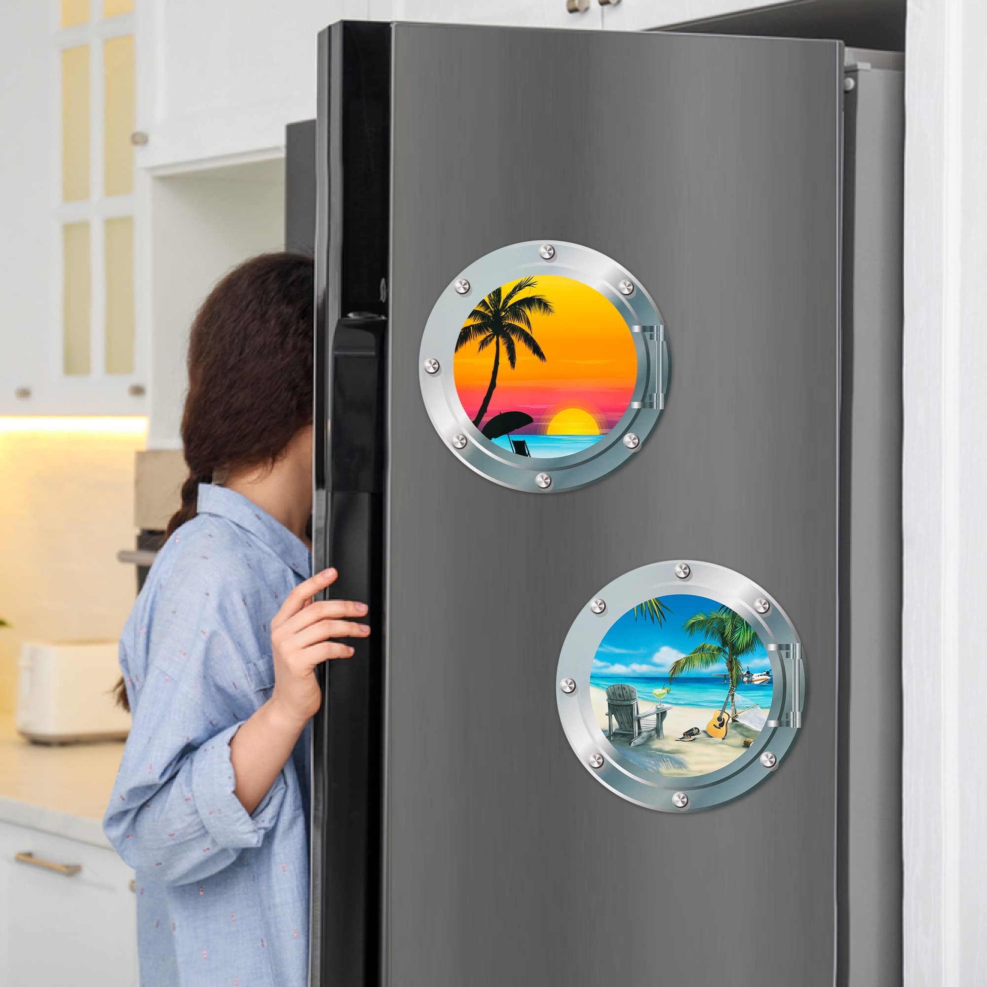 JAPBOR 4pcs Cruise Door Magnets, Summer Refrigerator Car Magnet, Beach Palm Tree Magnetic Decals, Ocean Hawaii Vacation Nature Scenery Fridge Stickers for Home Kitchen Door Cabinet Decor (9.8 Inch)