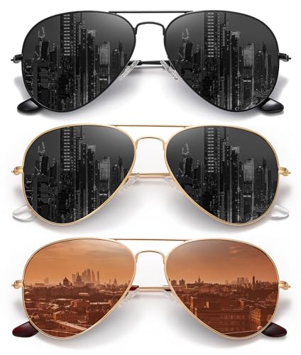 MEETSUN Aviator Sunglasses for Men Women Driving Polarized UV400 Protection Metal Frame 3Pack Black Gray+Gold Gray+Gold Brown