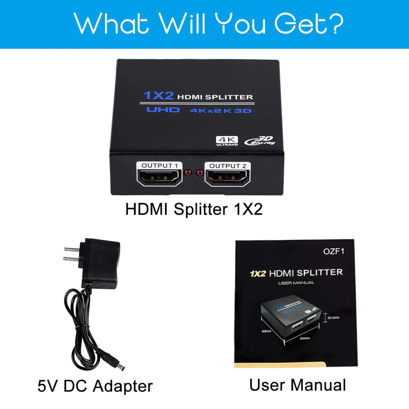 Enbuer 1x2 HDMI Splitter, 1 in 2 Out HDMI Splitter Audio Video Distributor Box Support 3D & 4K x 2K Compatible for HDTV, STB, DVD, Projector Etc