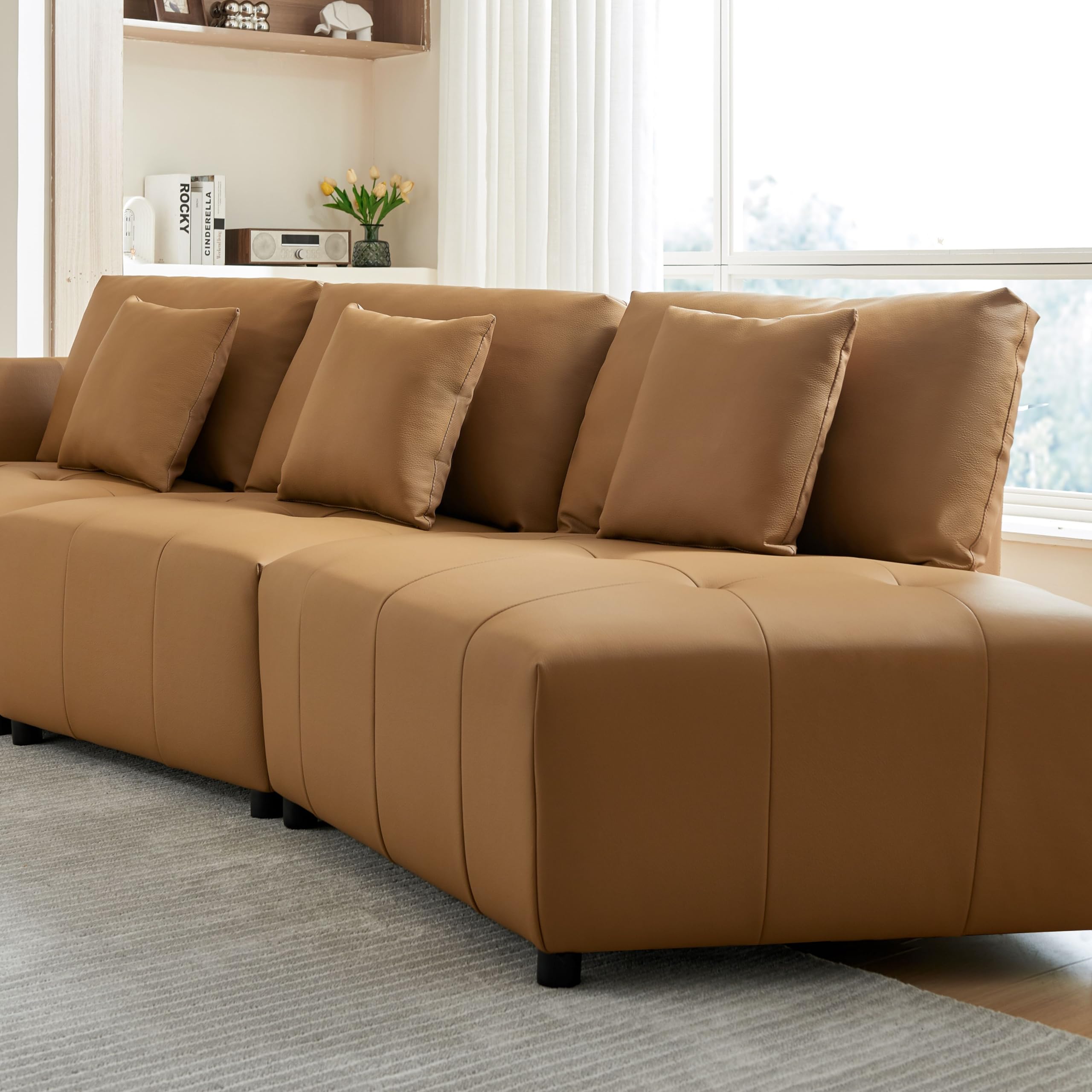 Modern Living Room Curved Sofa, Real Leather Modular Sectional Sofa, Chaise Lounge Couch, 3-Seater Corner Couch, 120'' Sofa Couch with 3 Pillows, Apartment, Home Furniture, Office, Brown Couch