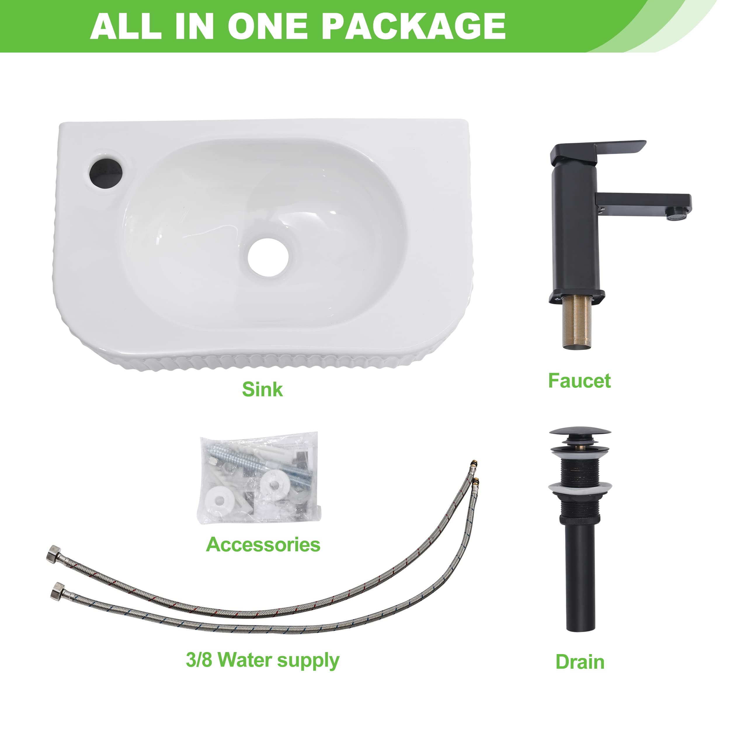 Hiomiestiy Bathroom Vessel Sink Rectangular Wall Mount Sink White Wall Mounted Bathroom Sink with Faucet and Drain White Porcelain Ceramic Washing Small Bathroom Vanity Sink