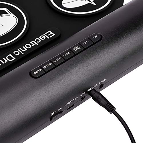 Electronic Drum Set, Roll Up Drum Practice Pad with Headphone Jack Built-In Speaker Digital Touch 7 Labeled Drum Pads 2 Foot Pedals Up to 10H Playing Time, Holiday Gift for Kids
