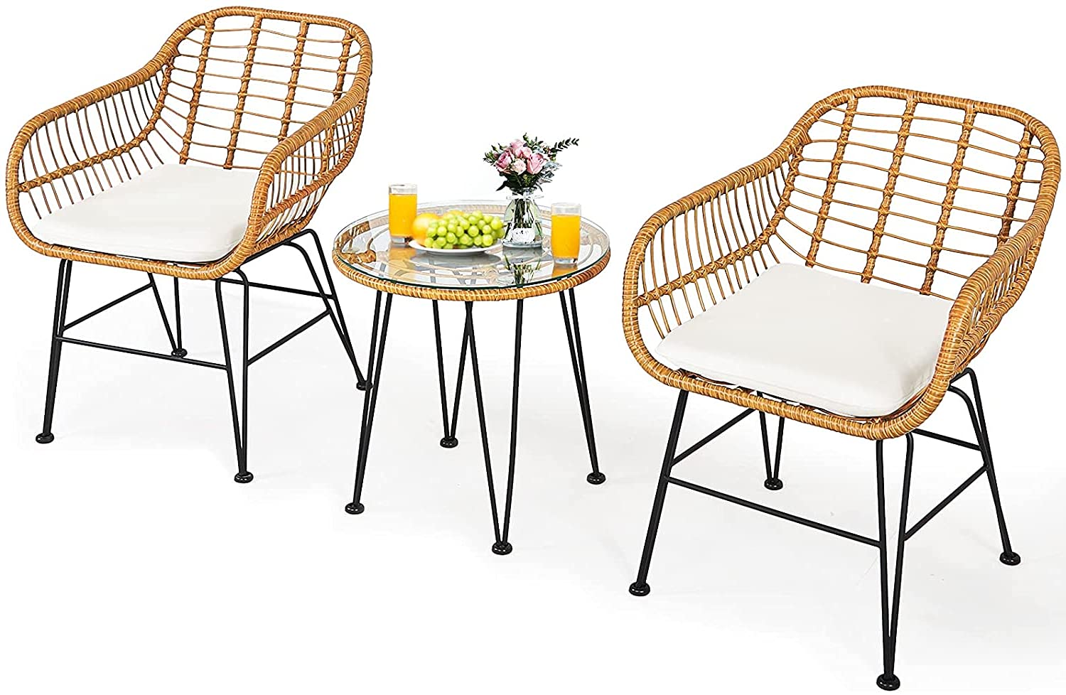 topment Bistro Table and Chairs Set of 2, Outdoor Patio Rattan Chair & Tempered Glass Coffee Table Set w/Removable Washable Beige Cushion Cafe Set for Indoor Balcony, Poolside, Garden (Pale Brown)