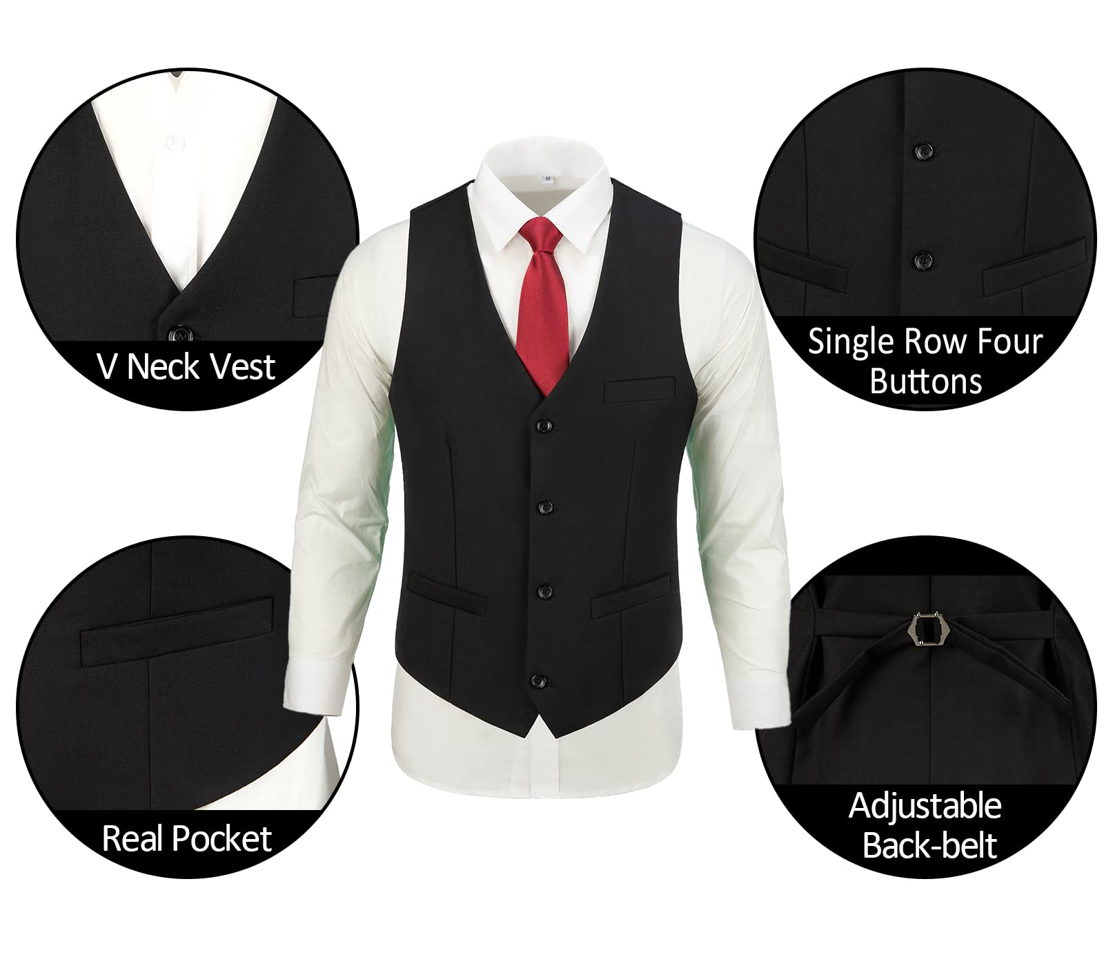 DOISPON Mens Suits 3-Piece Suit Shawl Lapel Two Button Tux Slim Fit Formal Wedding Prom Suits Jacket Vest Pants Black XX-Large
