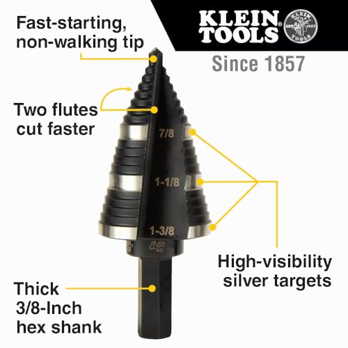 Klein Tools KTSB15 Step Drill Bit #15 Double Fluted 7/8 to 1-3/8-Inch with Easy-to-Read Step Markings and Targets, 3/8-Inch Hex Shank