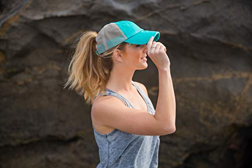 Distressed Trucker Dad Hat Messy Bun Ponytail Ponycap - Mesh Teal