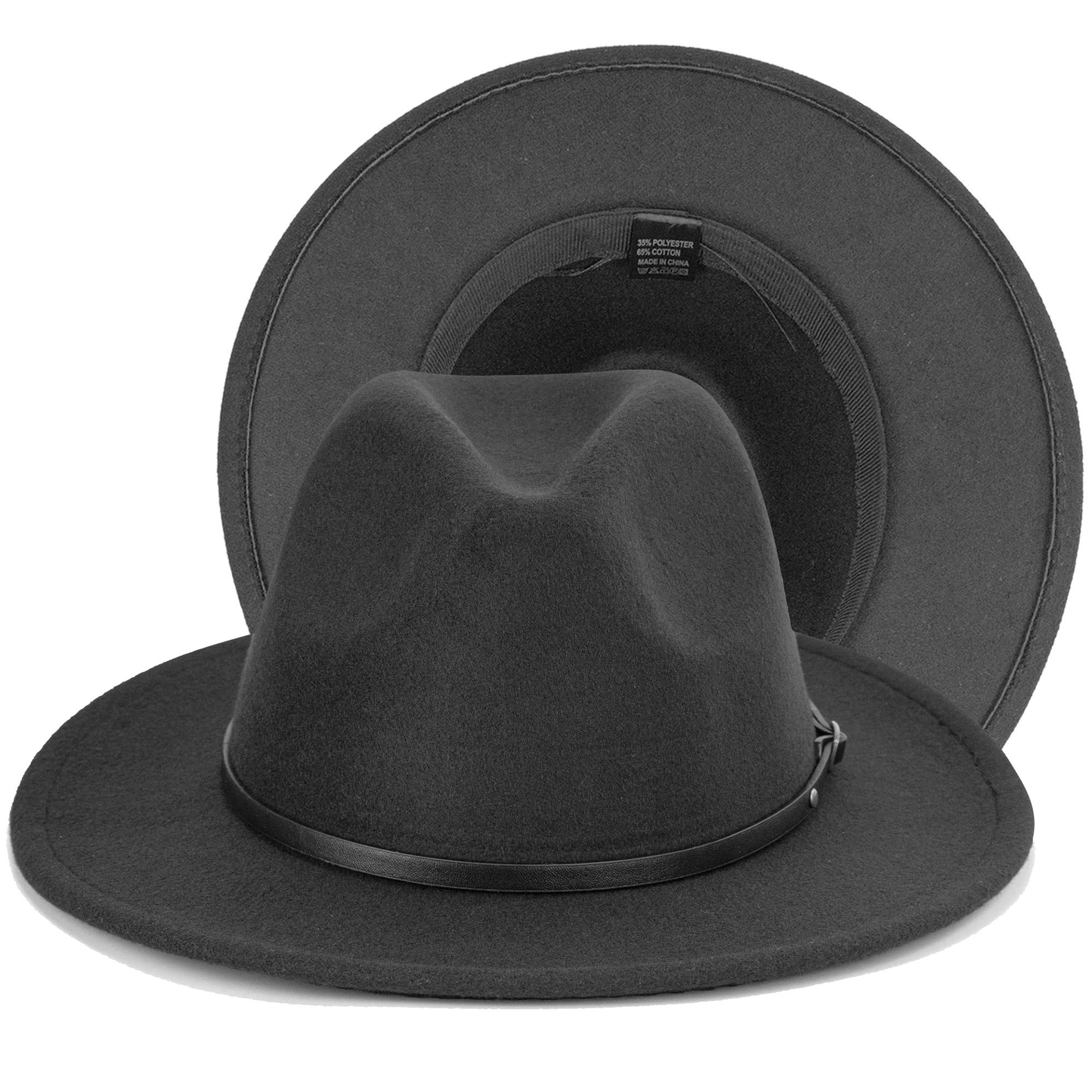 Felt Fedora Hat Womens Classic Hat Wide Brim Jazz Hat with Belt Buckle (Black with Black Belt, Medium (22"-23"))