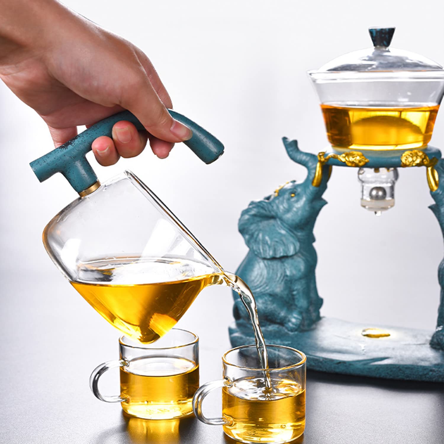 GODNOEI Elephant Glass Tea Set Lazy Kungfu Magnetic Water Diversion Creative Glass Teapot Semi Automatic Tea Maker Suit Kitchen Bar Supplies (6 tea cups)