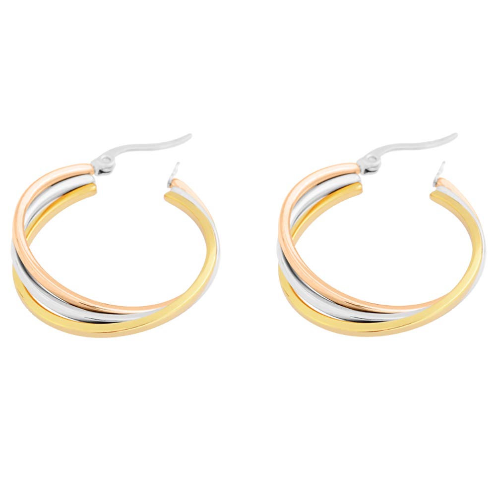 Edforce Women's Stainless Steel Overlapping Triple Hoop Earrings, (25mm-35mm) (F: 3 Tone (35mm))