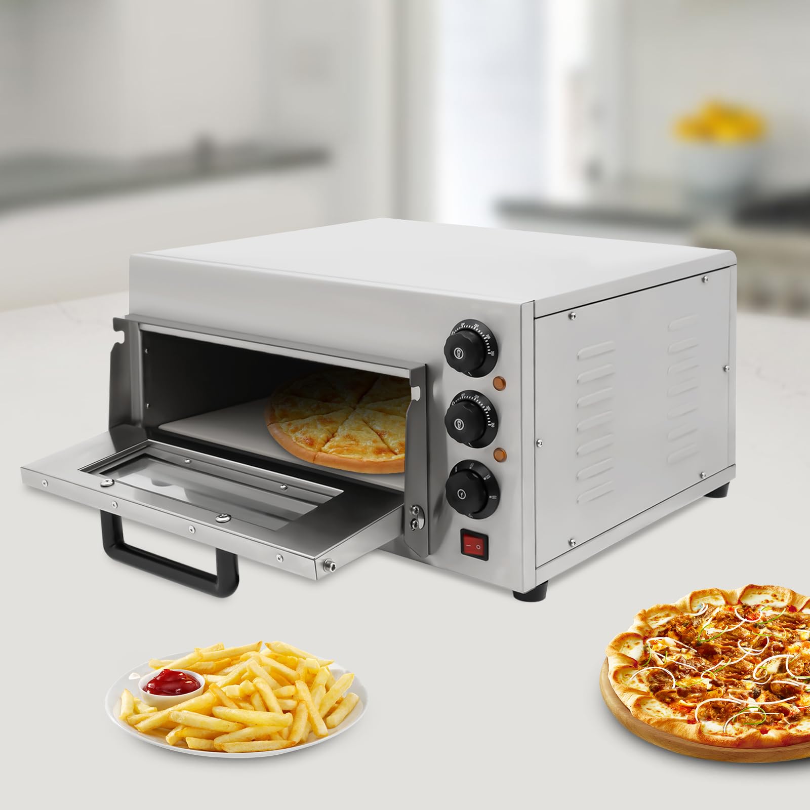Electric Pizza Oven, Indoor Countertop Pizza Oven with Handle & Removable Tray, Adjustable Temp, Commercial Pizza Maker for Kitchen, Camping, Party