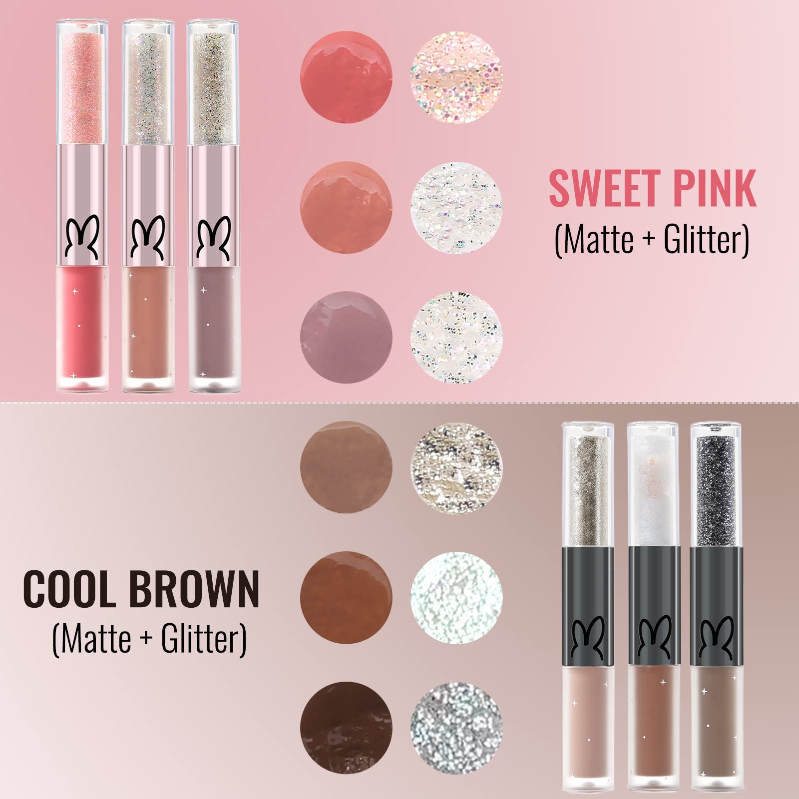 Erinde [6PCS Liquid Glitter Matte Eyeshadow, Liquid Glitter Eyeliner and Matte Cream Eyeshadow 2 in 1, Quick Drying, Easy to Apply, Long Lasting Korean Shimmer Matte Eyeshadow Christmas Eye Makeup