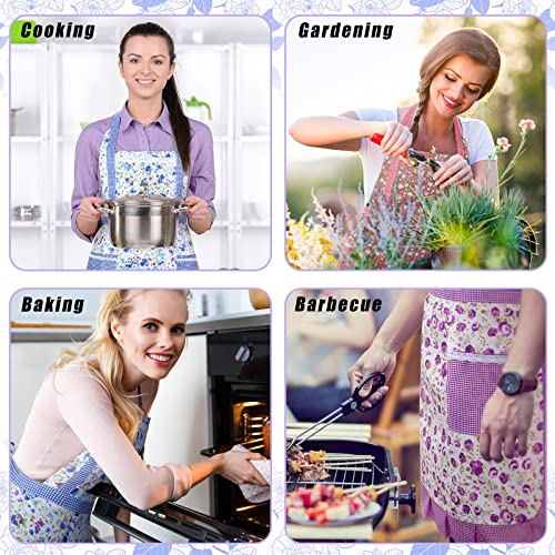 Zhanmai 3 Pieces Women Floral Aprons Kitchen with Pockets Soft Chef Aprons Girls Cooking Aprons for Cooking Gardening Size Small to Medium (Purple, Blue, Peach)