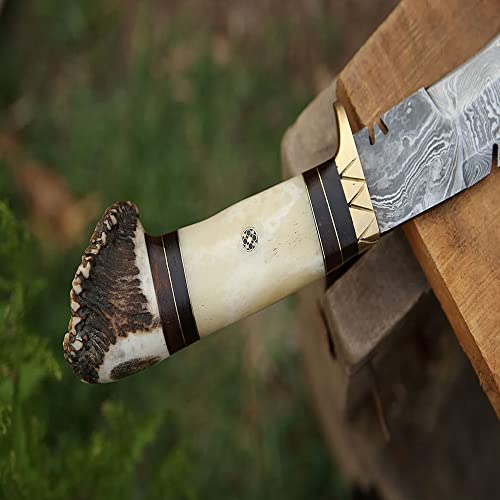 Handmade Damascus Kukri Knife with Stag Horn and Bone Handle Survival Knife Anniversary Gift Camping Knife Gift for Him Groomsmen gift EDC
