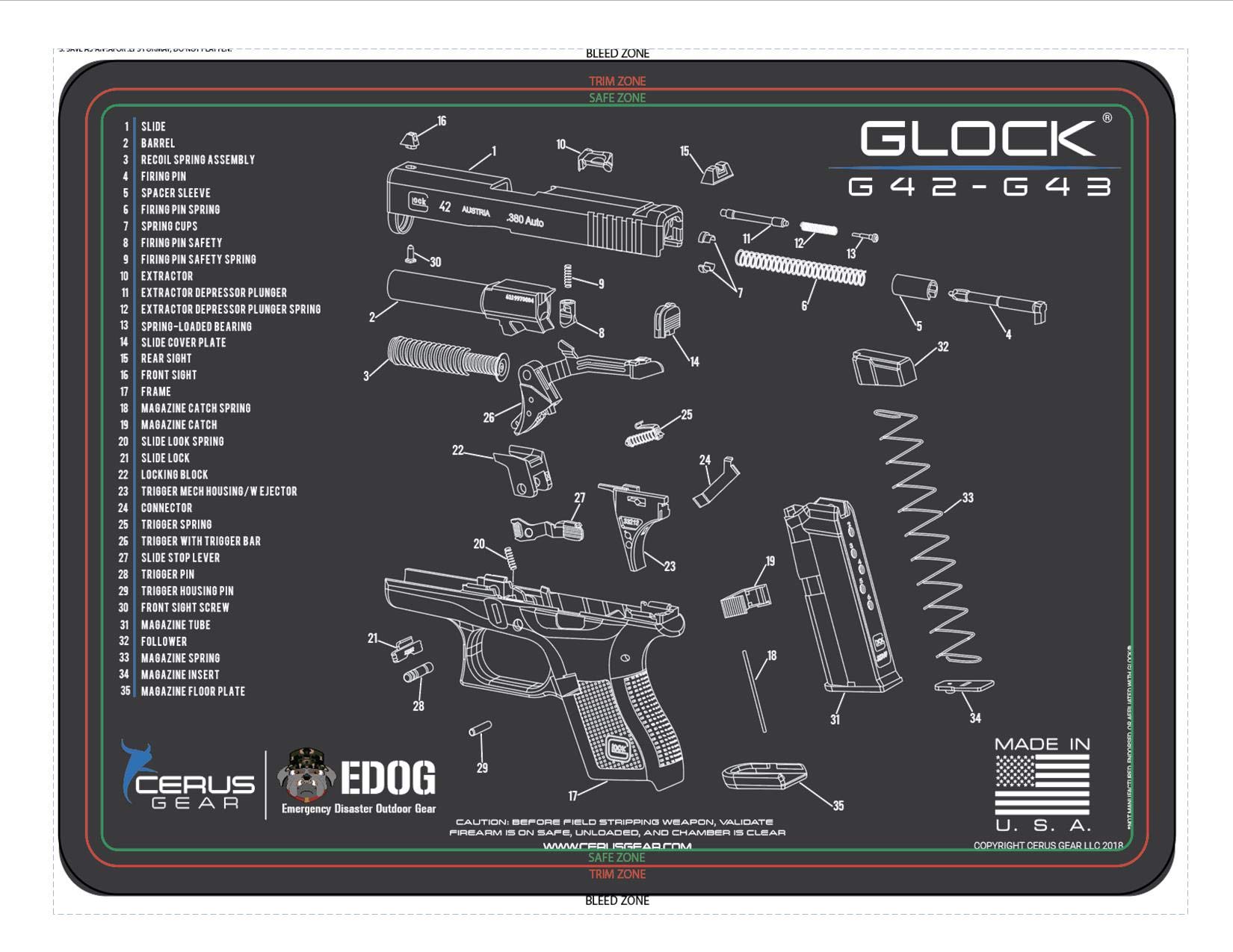 EDOG GEN42/43 Gun Cleaning Mat - Schematic (Exploded View) Diagram Compatible with Glock 42/43 Series Pistol 3 mm Padded Pad Protect Your Firearm Magazines Bench Surfaces Gun Oil Solvent Resistant