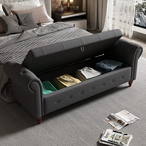 End of Bed Storage Bench Ottoman Linen Fabric Upholstered Button Tufted Padded Footstool Bench&Ottoman with Armsrest and Soild Wood Legs for Home Apartment Entryway Living SpaceDark Grey