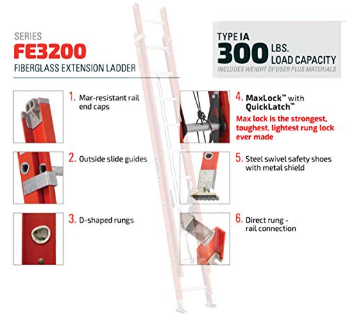 Louisville Ladder FE3232 Fiberlass Step Ladder 300-Pound Duty Rating, 32 Feet, Orange