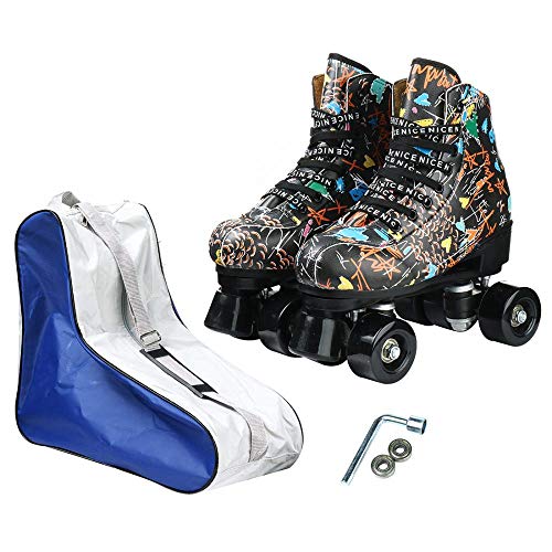 DUBUK Roller Skates Light Up Wheels, Graffiti High-Top Leather Adjustable Hardwearing Double Row Roller Skates with Illuminated Wheels for Boys and Girls (Black b,41)