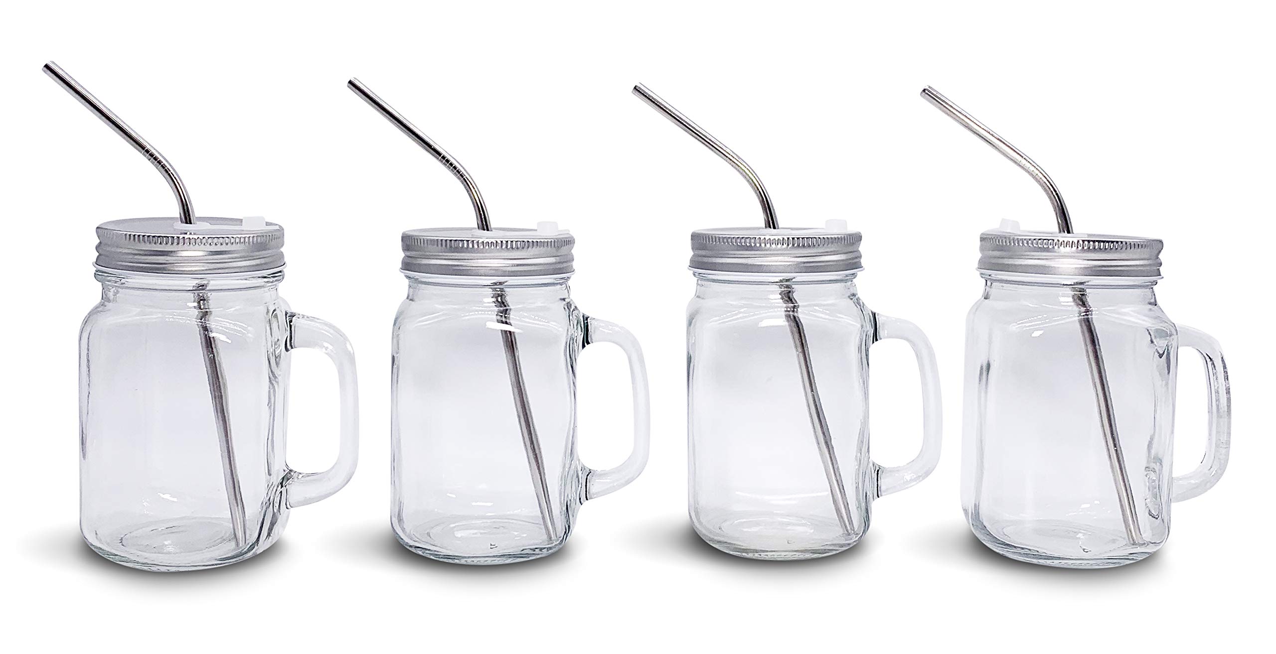 Home Suave Mason Jar Mugs with Handle Sets, Regular Mouth, Colorful Lids with Reusable Stainless Steel Straw, Kitchen GLASS 16 oz Jars & Dishwasher Safe (4, Silver)