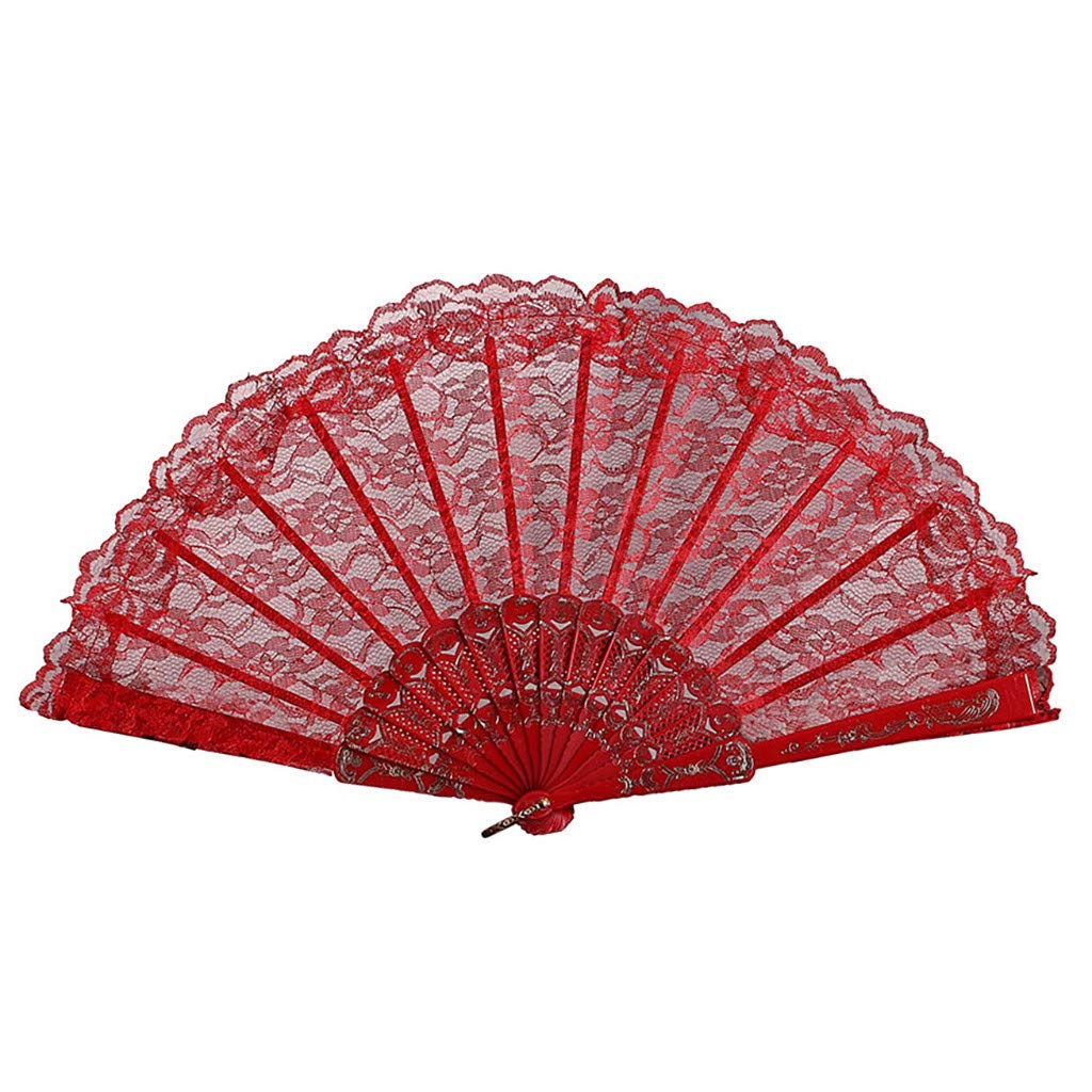 Fan Lace Wedding Chinese Silk Style Party Folding Hand Flower Dance Held Fans Wall Mount Fan Small (Red, One Size)