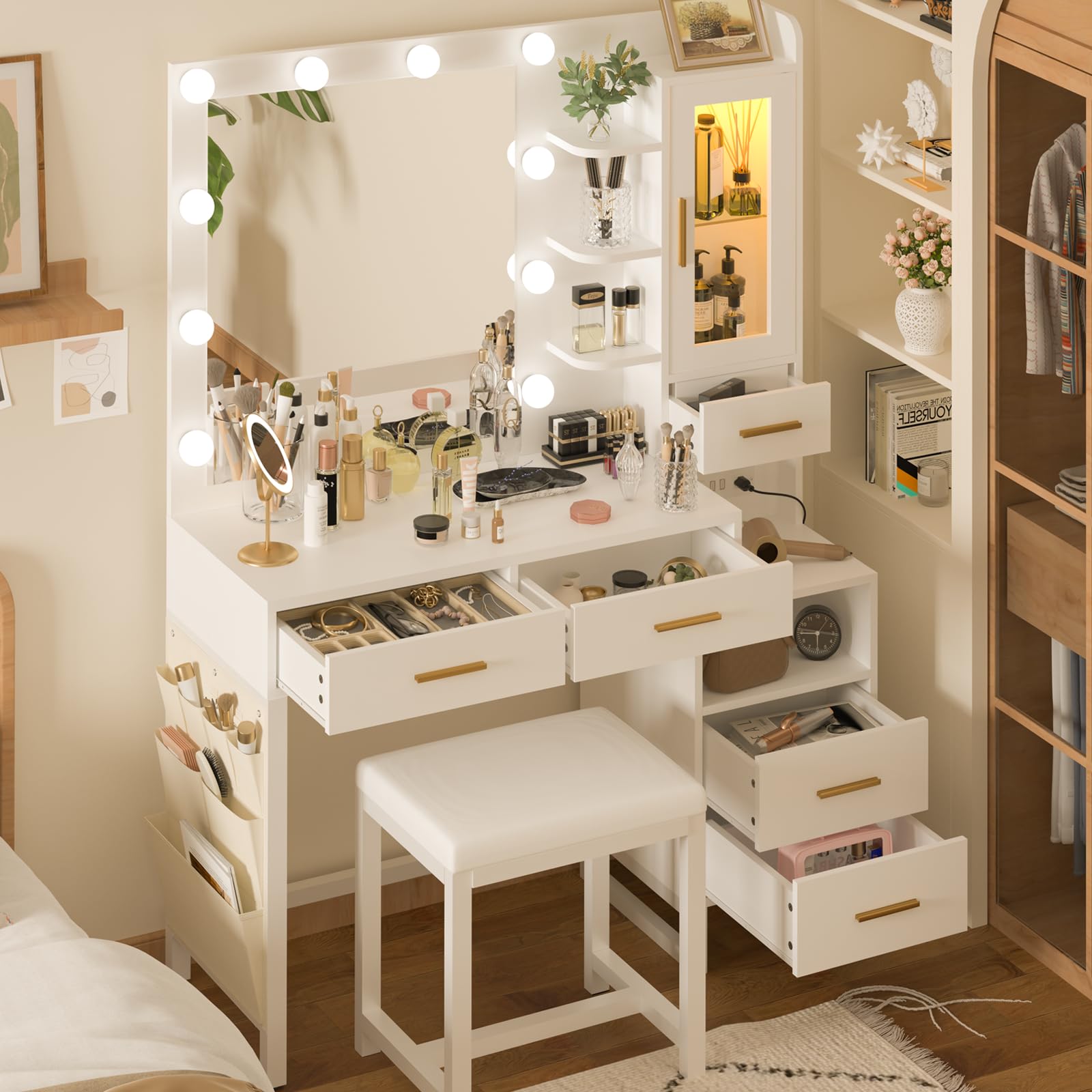 Dnxao Vanity Desk with Mirror and Lights, White Makeup Vanity Desk with Mirror Lights Vanity Table Set with Charging Station, 5 Drawers & Side Storage Bag, 3 Lighting Modes, Brightness Adjustable
