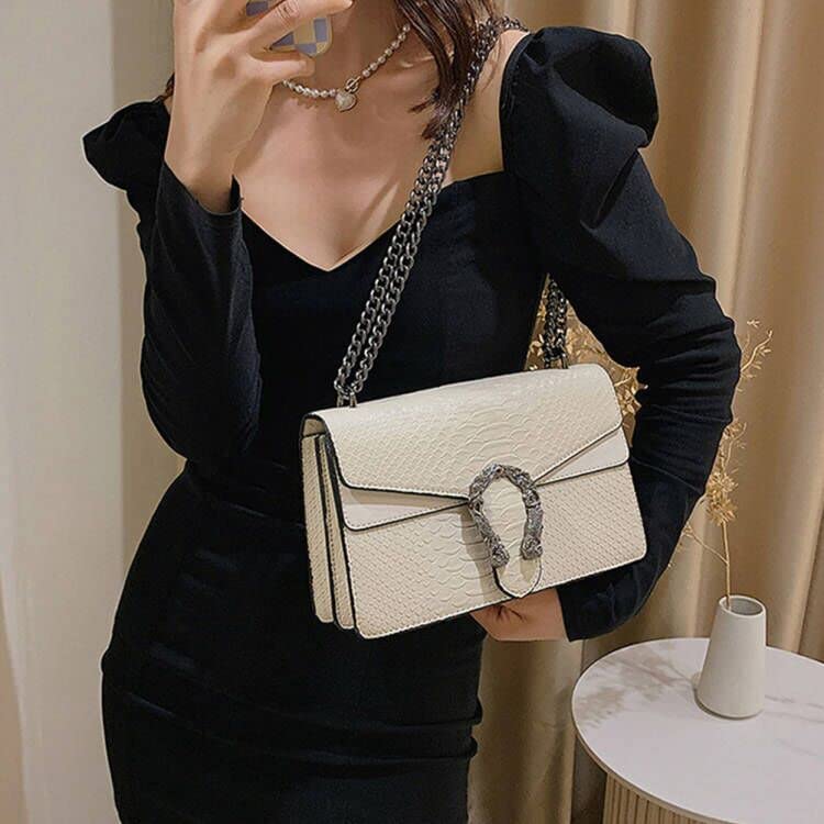 Gxamz Snake Print Crossbody Bag with Chain Women Retro Clutch Shoulder Bag Medium Square Leather Satchel Bag