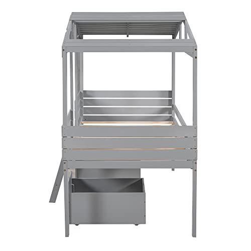 Merax Twin Kids Wood Low Loft House Bed with Drawers and Ladder Loft Bunk Bed for Juniors,Boys, Girls,No Box Spring Needed, Gray