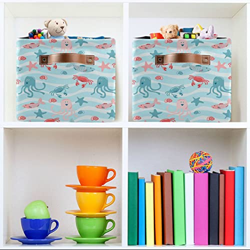 xigua Cartoon Octopus Fish Crabs Shellfish Square Storage Basket,Collapsible Sturdy Fabric Storage Basket Cube W/Handles for Clothes Toy Closet(1 pcs)