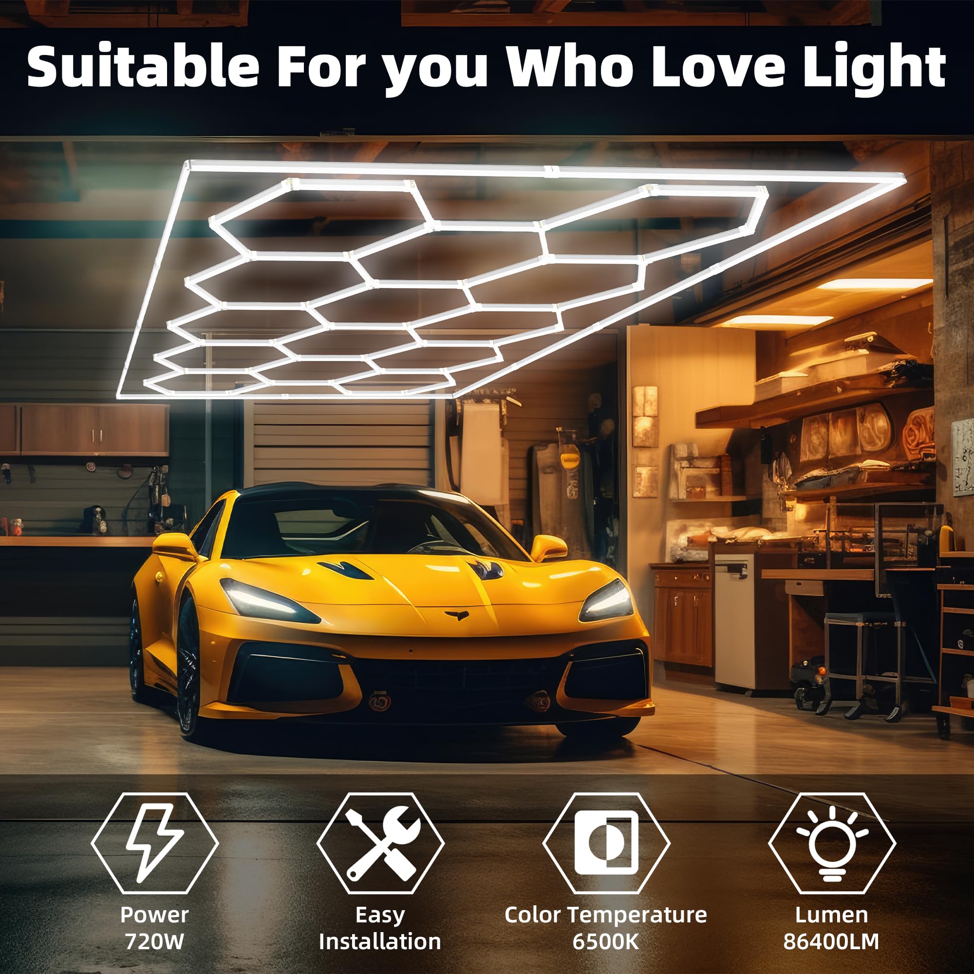 TEPU Garage Hexagon LED Lights 8'X16', 720W 86400LM 6500K White Super Bright 14 Grid Hexagon Ceiling Light, Hexagon Garage Lights with Rectangle Frame, Suitable for Garages Barber Shop Gyms Basements