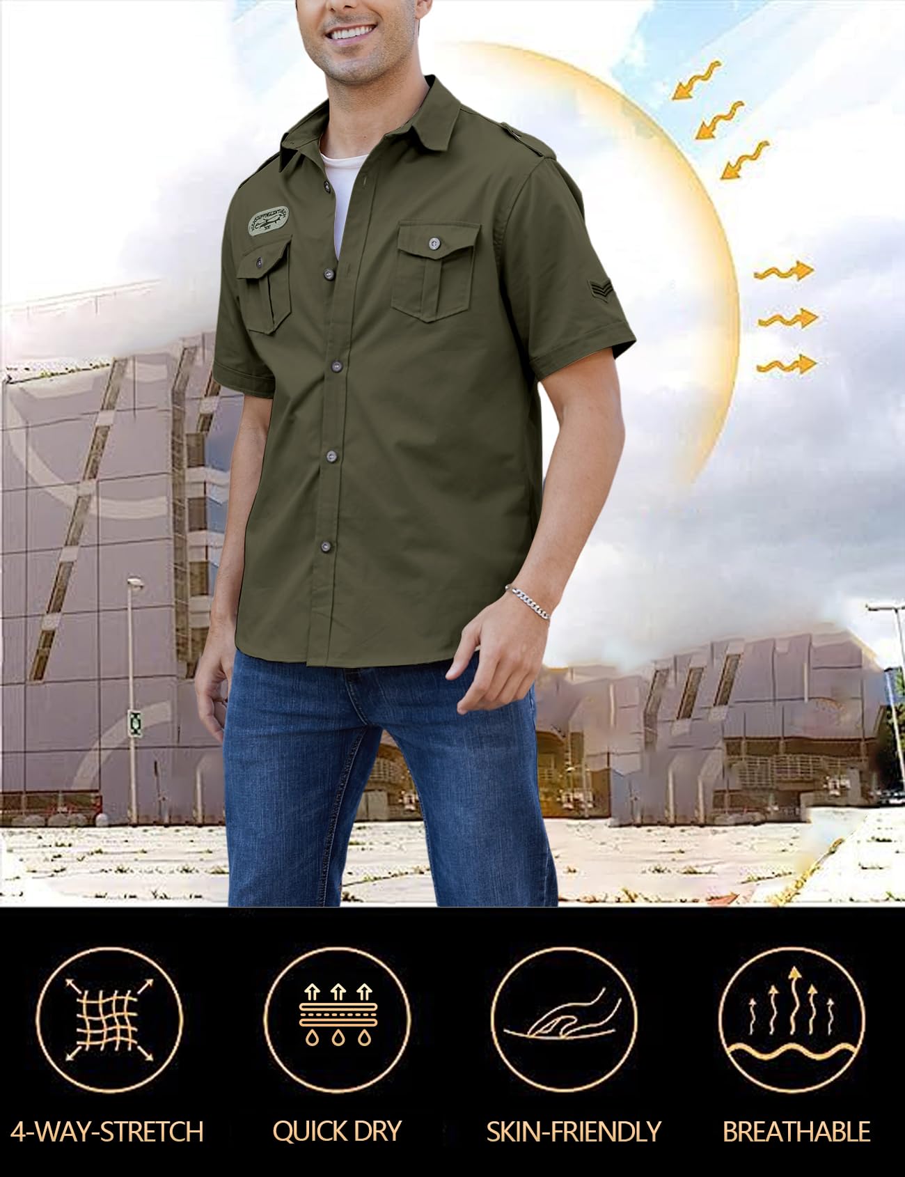 Gihuo Men Shirt Short Sleeve Military Button Down Army Tactical Shirt Utility Cargo Work Uniform Shirt Tops (Medium, Army Green)