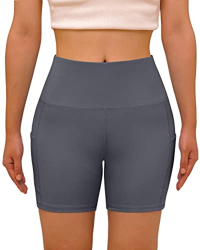 FAFAIR Stretchy Yoga Shorts for Women with Pockets Athltic Cycling Non See Through Shorts Dark Grey L