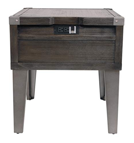 Signature Design by Ashley Todoe Industrial Square End Table with 1 Drawer, 2 Outlets and 2 USB Charging Ports, Dark Gray with Weathered Pine Finish