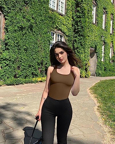 OQQ Women's 3 Piece Bodysuits Sexy Ribbed Sleeveless Racerback Tank Tops Bodysuits Black Coffee Beige