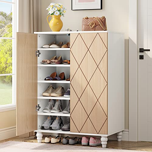 Tribesigns 2-Door Shoe Cabinet with Solid Wood Legs,7-Tier Shoe Storage Cabinet with Adjustable Shelves,Large Capacity Wooden Shoes Rack Organizer Storage Cabinets for Entryway,Maple