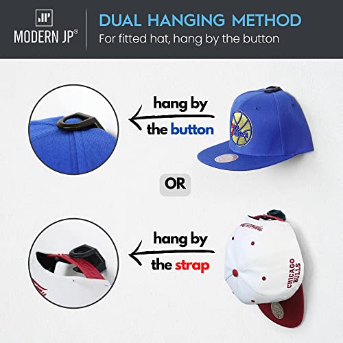 Modern JP Adhesive Hat Hooks for Wall (16-Pack) - Hat Rack for Baseball Caps, Minimalist Hat Display, Strong Hold Hat Hangers for Wall - U.S. Patent Pending, Black