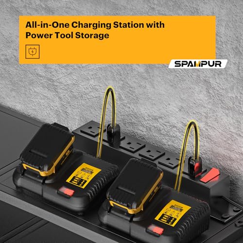 Spampur Power Tool Organizer with Charging Station, 8 Drill Holder Wall Mount, 4 Layer Storage Rack for Garage storage, Heavy Duty Utility Racks, Tool Battery Shelf with 6 Outlet Power Strip
