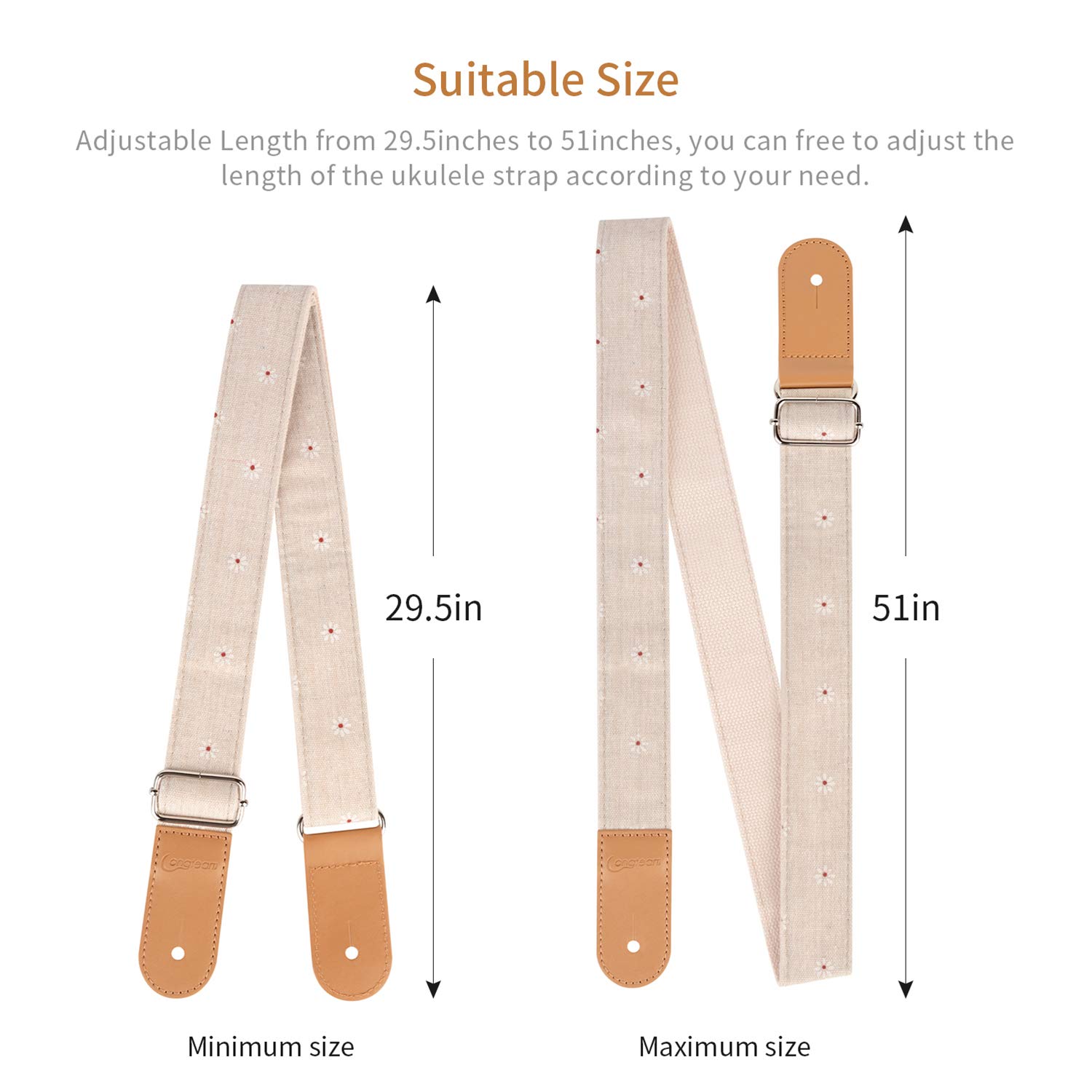Dulphee Daisy Ukulele Strap with 1 Pick & 1 Button, Cotton Linen White Adjustable Uke Shoulder Strap for Soprano Concert Tenor Baritone Ukuleles, Banjo and Mandolin (Daisy)