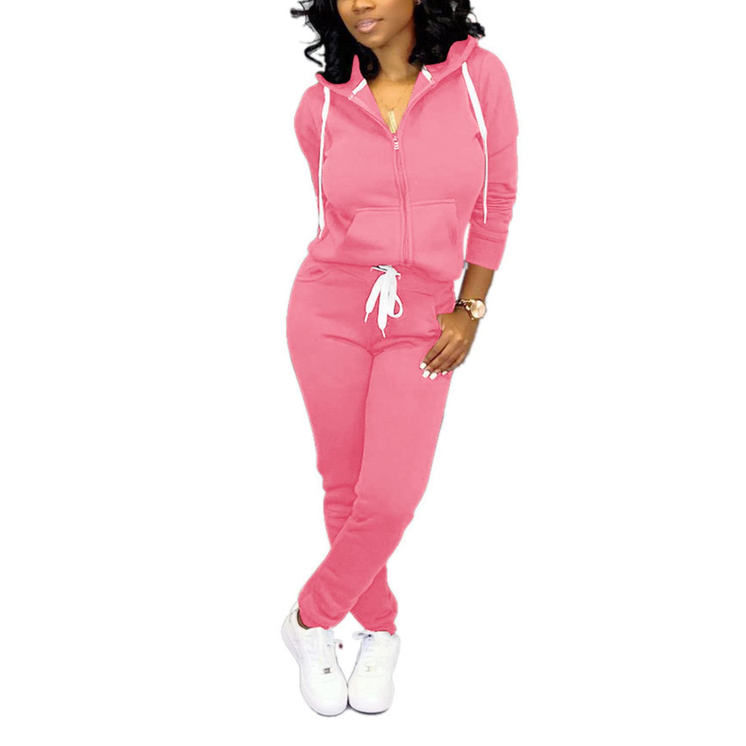 FANDEE Women's Casual 2 Piece for Women Tracksuit Set Zipper Hoodie Sweatsuits Tracksuits with Pockets Pink L