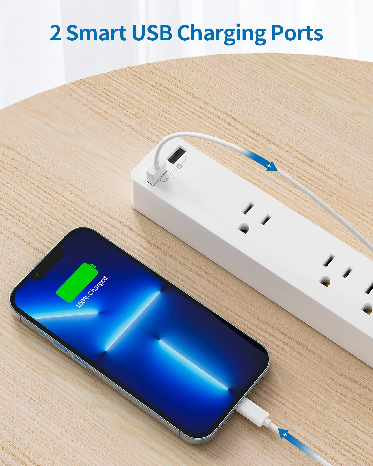 Flat Extension Cord 15 ft, NTONPOWER Ultra Thin Flat Extension Cord Under Carpet, Rug, Door, Wall Mount Power Strip Flat Plug with 4 Outlets 2 USB, Overload Protection for Home Office Indoor, White