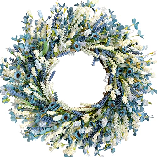 Egolot 24 Inch Summer Spring Blue Ivory Lavender Flower Wreath for Front Door, Rustic and Farmhouse Wild Flowers Wreath for Inside and Outside, Coastal Blue Flower Wreath for Home Decorating
